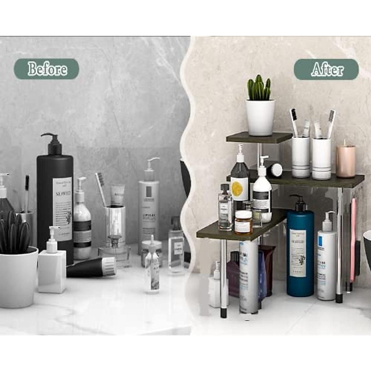 Venloup Upgraded 3 Tier Corner Shelf, Adjustable Bamboo Storage Spice Rack with Hooks, Freestanding Space Saving Counter Display Shelf for Kitchen, Office and Bedroom （Black