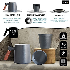 Black Ceramic Tea Cup with Infuser and Lid Tea Mugs Wooden Handle (Why pay more they all come from the same place)