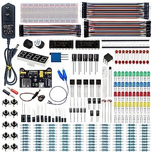Minidodoca Upgraded Electronics Component Fun Kit Power Supply Module, Jumper Wire, 830 Breadboard, LED,Capacitor,Diode,Resistor,Transistor,Compatible Raspberry Pi, STM32