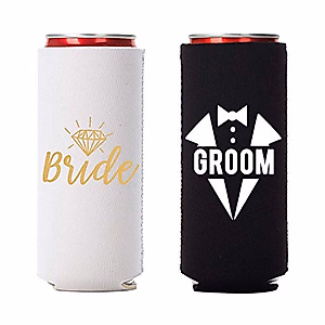 Bride and Groom Gifts Can Coolers, Set of 2, 1 White and 1 Black Beer Can Coolies, Cute Wedding Gifts, Novelty Can Cooler, Perfect Engagement or Gift, Bridal Shower Gift (Slim)