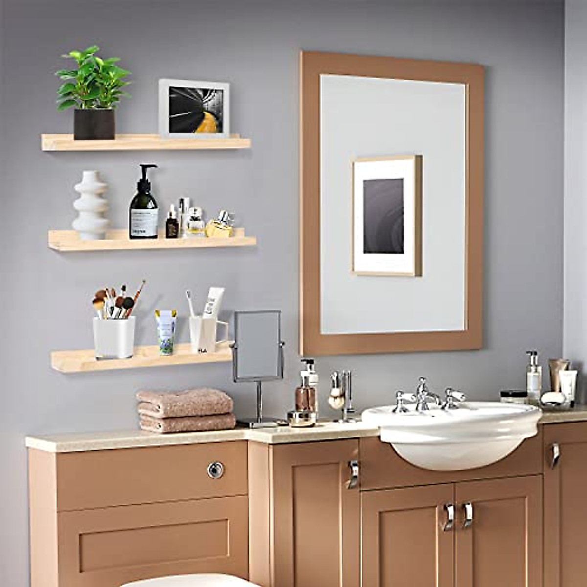 AZSKY Natural Wood Wall Mounted Shelves 24 Inch Floating Wall Book Shelf Floating Ledge Storage Rustic Shelves Photo Picture Ledge for Home Decor a Set of 3