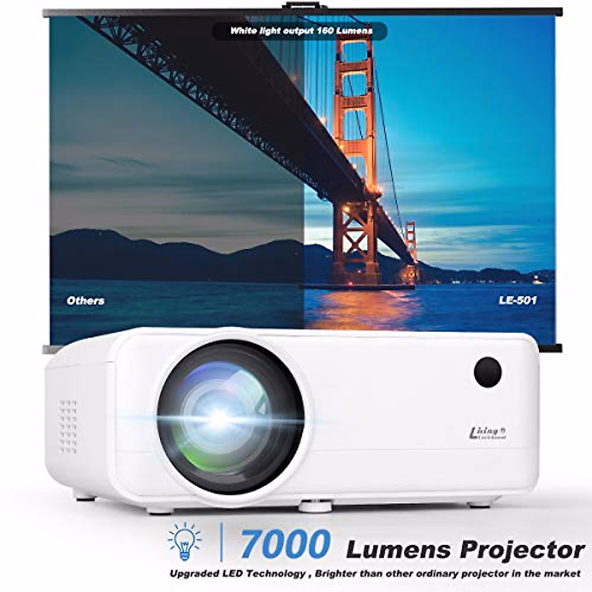 Living Enrichment Mini Projector, 1080P HD Supported Portable Video Projector, 7000 Lumen 50,000 Hours Led Lamp, 200'' Projection Display, Compatible with HDMI VGA USB DVD for Home Entertainment White