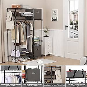 elifine Heavy Duty Clothes Rack, Metal Clothing Rack with Shelves and 2 Fabric Drawers, 6 Tiers Clothing Racks for Hanging Clothes Garment Rack Free Standing Clothes Racks (Black)