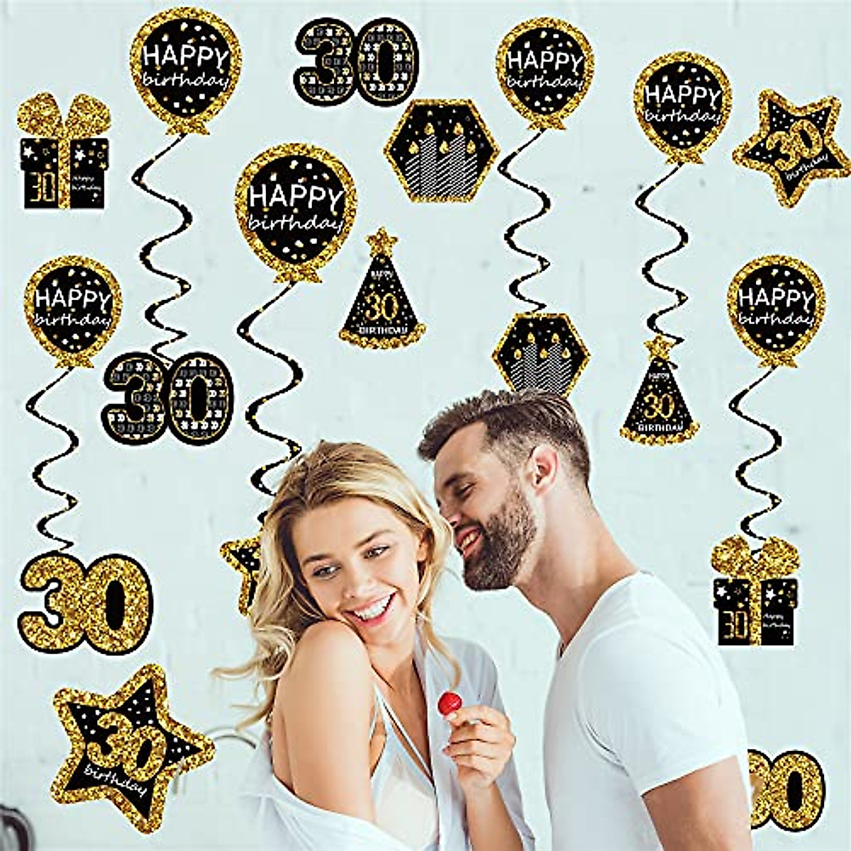 30th birthday decorations for him - (21pack) cheers to 30 years black gold glitter banner for him her, 6 paper Poms, 6 Hanging Swirl, 7 decorations stickers. 30 Years Old Party Supplies gifts for men
