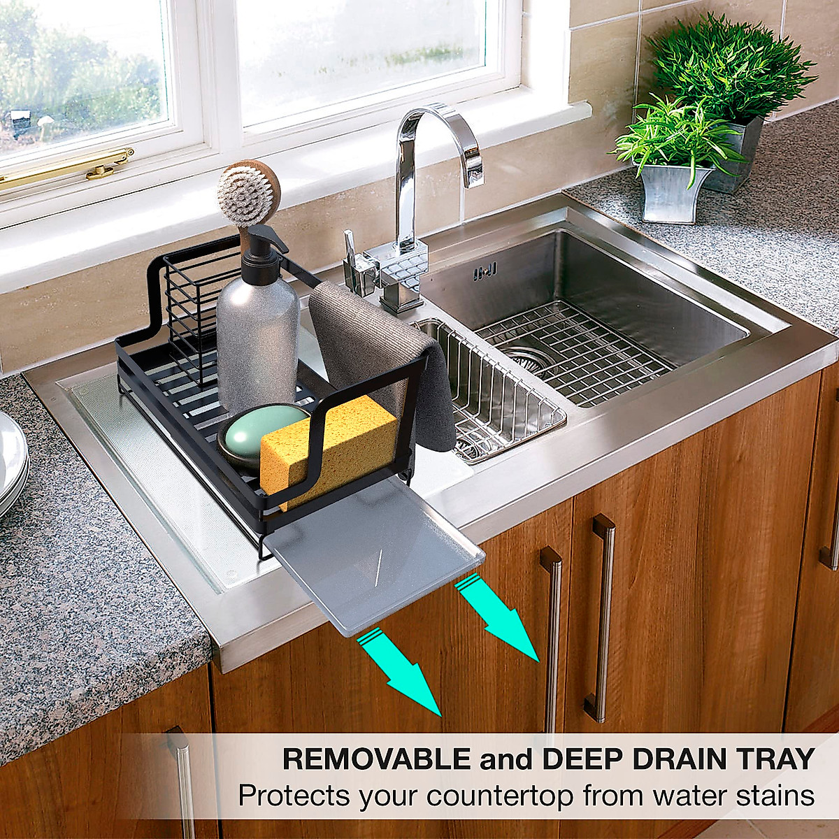 ANDRSAN Kitchen Sink Caddy with Removable Drain Tray, Kitchen Countertop Sink Organizer for Sponges, Dishcloth, Soap Bottle, Brushes and Sink Stopper, Sponge Holder for Kitchen Sink, Black