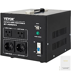 VEVOR Voltage Converter Transformer,3000W Heavy Duty Step Up/Down Transformer Converter(240V to 110V, 110V to 240V),2 US&1 UK&1 EU Outlet with Circuit Break Protection,5V USB Port,CE Certified