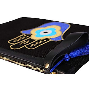 KarensLine Handmade Evil Eye Embroidery Black Jute Clutch Bag Hamsa Hand Beach Summer Style, Medium