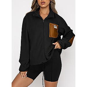 Dokotoo Fleece Jacket for Women Full Zip Up Pathes Windproof Drawstrings Running Long Sleeves Stand Collar Front Pockets Oversized Outdoor Sweatshirts,Black Small