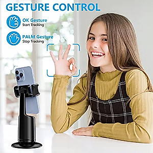 Auto Face Tracking Tripod, No App, 360° Rotation Face Body Phone Camera Mount Gesture Control, Smart Shooting Holder with 3000mAh Rechargeable Battery for Vlog, Streaming, Video, Tiktok- Black (Black)