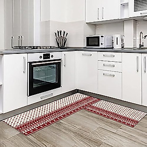 MUENINELE Kitchen Floor Rugs, Merry Christmas Snowflake Xmas Tree Geometric Pattern Red Non-Slip Runner Mats Runner Rugs for Laundry, Bedrooms, Sink, Office, 2 PCS Set