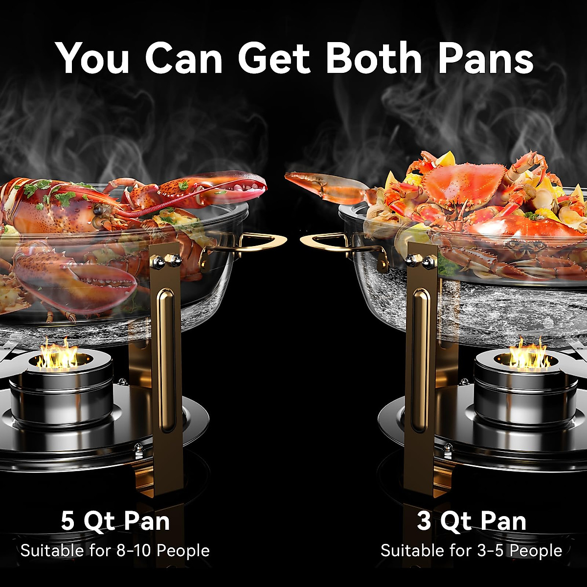 Amhier 3 Qt 5 Qt Chafing Dish Buffet Set with Visible Glass Lid and Holder, Stainless Steel Round Chafing Dishes for Buffet with Food and Water Pans for Catering, Parties and Weddings, Gold, 4 Pack