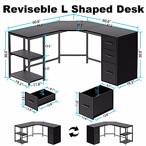 LVB Black L-Shaped Desk with File Drawers Cabinet, Reversible Corner Executive Computer Desk with Storage Shelves, Modern Large Work Study Writing Gaming L Shape Desk for Home Office Bedroom, 60 Inch