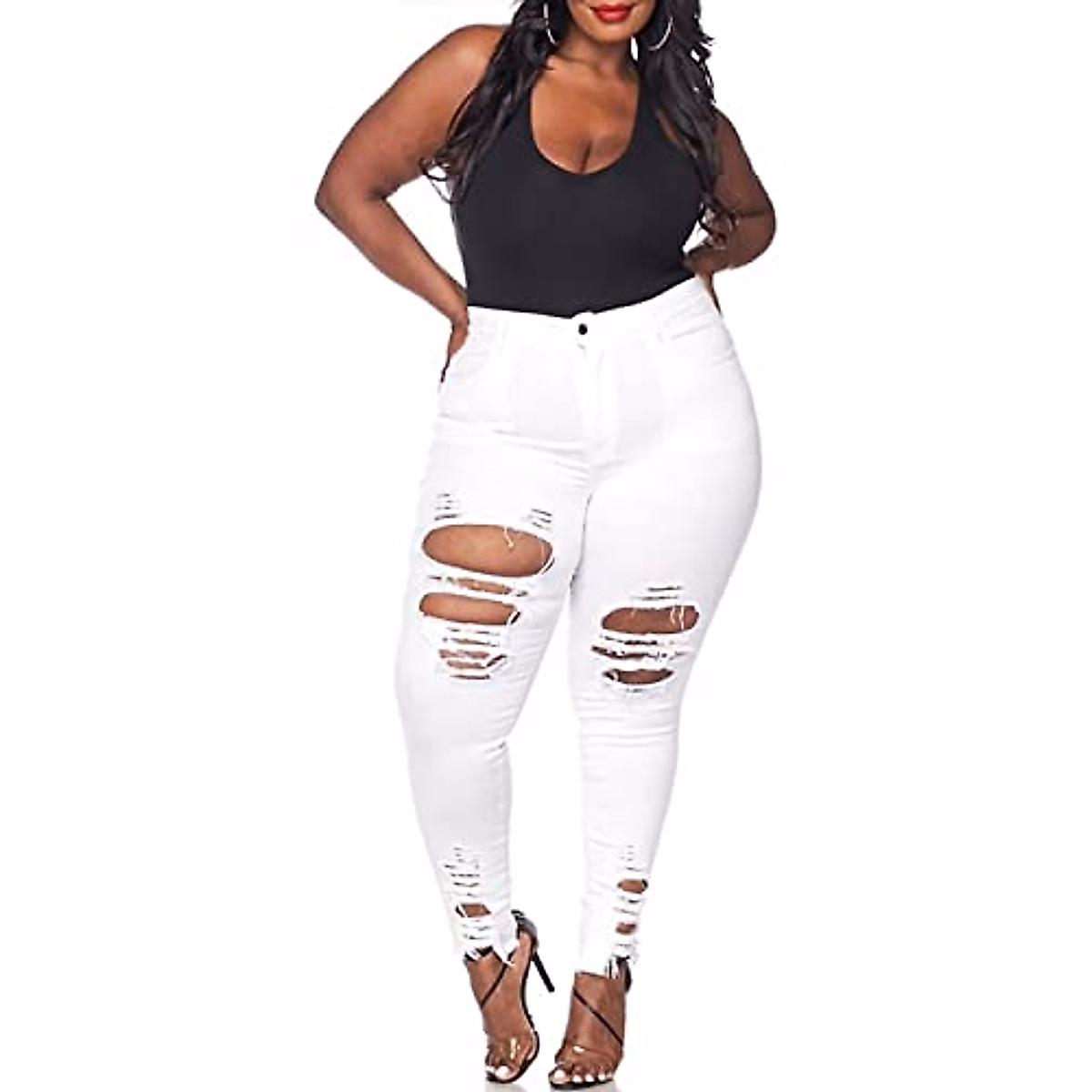 PYL Women Plus Size Denim Ripped Jeans, Distressed Skinny Stretchy White Jegging Pant (L-5XL)