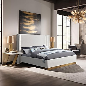 Meridian Furniture HaltonCream-Q Halton Collection Modern | Contemporary Boucle Fabric Upholstered Queen Bed, Rich Cream Boucle Fabric, Brushed Gold Metal Base, 78" W x 86.5" D x 65" H, Cream, Queen