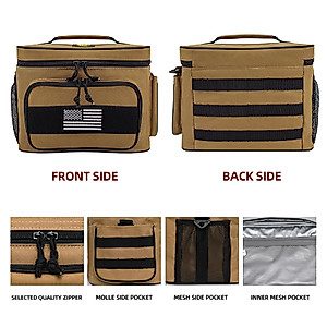 Tactical Lunch Box for Men, Insulated Lunch Bag with Molle Webbing,Reusable Lunch Tote with Sholder Strap,Leakproof Meal Prep Cooler Bag with 1 Ice Pack for Work,Camping,Fishing,Travel(brown)