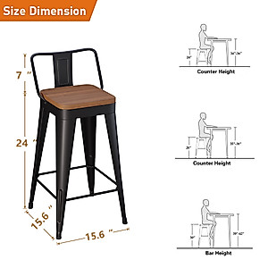 POINTANT Bar Stools Set of 4 Metal Bar Stool Counter Height Bar Stools Black, Modern 24" Bar Chairs with Back and Wooden Seat Bar Stools Counter Height