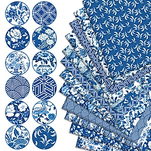 JarThenaAMCS 12Pcs Blue Chinoiserie Cotton Fabric Bundles 18 x 22 Inch White Blue China Fat Quarters Oriental Sewing Fabrics for DIY Craft Party Decor