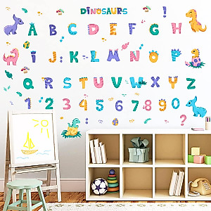 WOYINIS Dino Alphabets Wall Stickers Peel & Stick Vinyl Dinosaur ABC Numbers Wall Decal Colorful Classroom Kids Room Playroom Baby Nursery Wall Decor Early Education Learning Tools