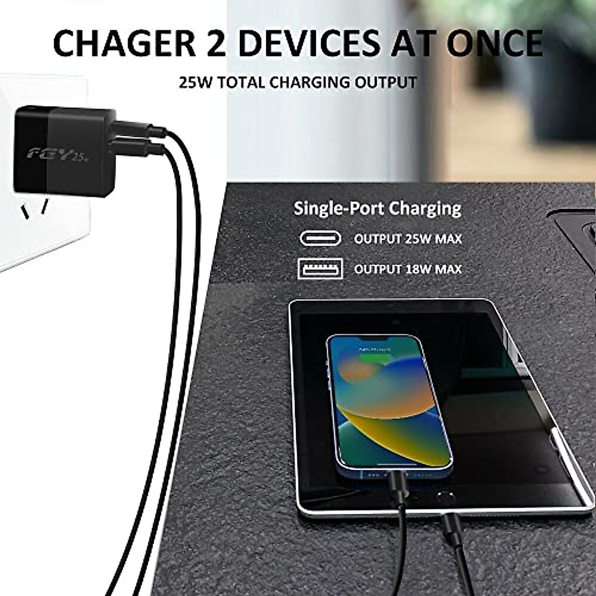 FGY USB C Wall Charger, 25W GaN II Fast Charger Dual Port Charging Block, Fast Charging for iPhone14/13/12/11/Pro Max/Pro/Plus, iPad Pro, iWatch, Samsung Galaxy S22 /S21 Series