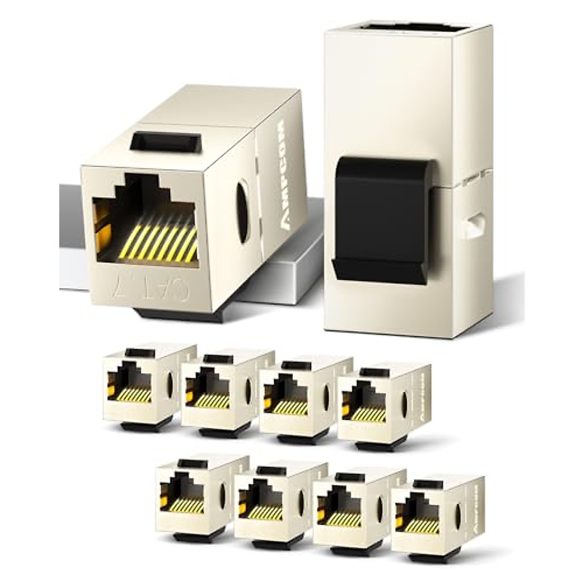 AMPCOM CAT7 Inline Coupler RJ45 STP Keystone Jack, Shielded Female to Female Feedthrough Ethernet Module- 10 Pack