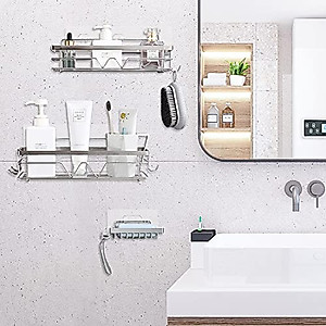 BUPWHEK Shower Caddy Bathroom Storage Organizer Rack (2Pack) with 1Soap Dish,No Drilling Adhesive Shower Shelf,Sliver Bathroom Basket Shelves with Hooks,Rustproof Stainless Steel (3Pack Sliver)