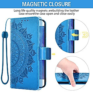 Asuwish Compatible with Oppo Reno 6 5G Wallet Case and Tempered Glass Screen Protector Credit Card Holder Flip Purse Accessories Wrist Strap Stand Folio Cell Phone Cover for Reno6 2021 Women Men Blue
