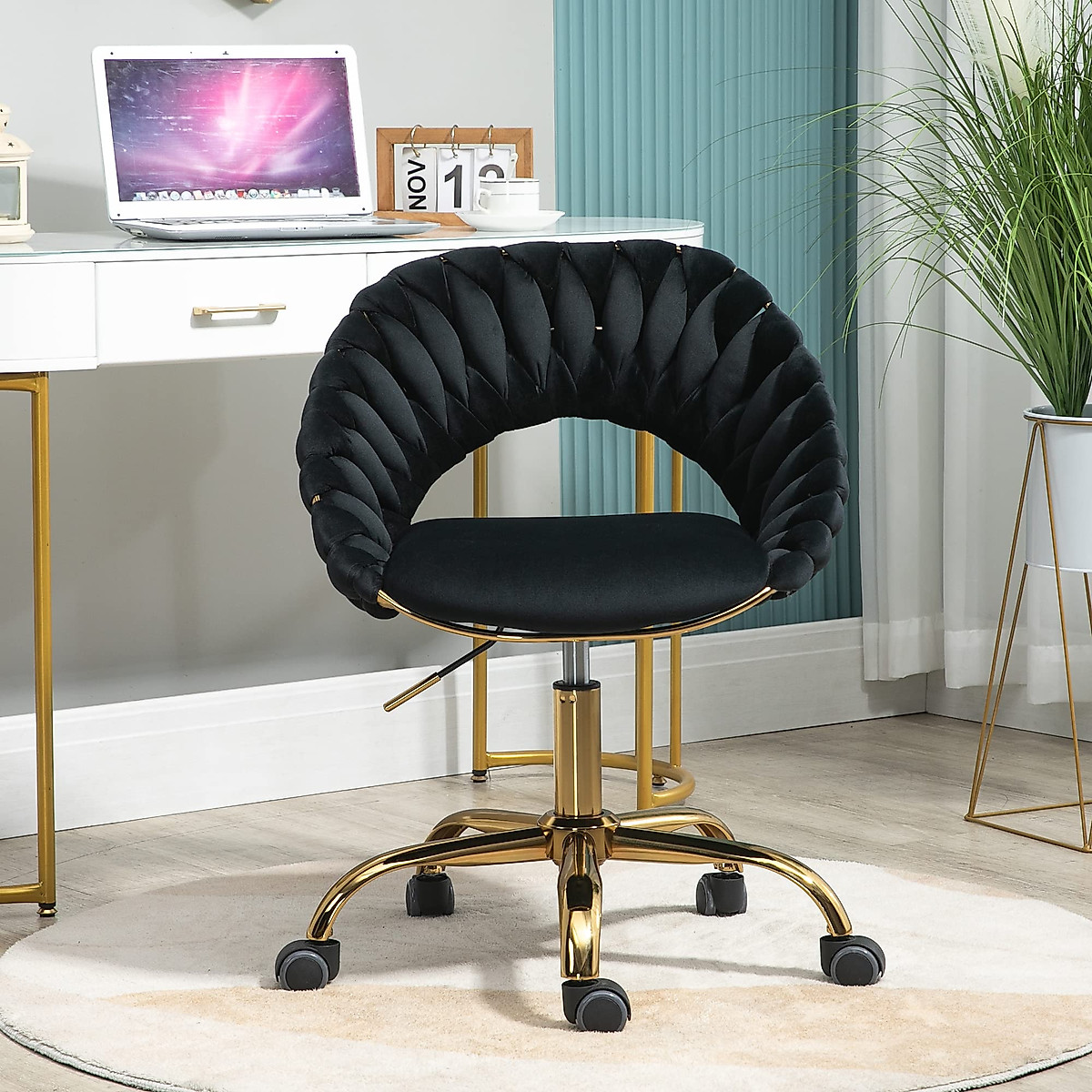 Modern Velvet Office Desk Chair, Upholstered Makeup Vanity Chair with Woven Tufted Back and Gold Base, Swivel Task Chair with Wheels Women Girls Cute Desk Chair for Vanity Room Bedroom Study Black