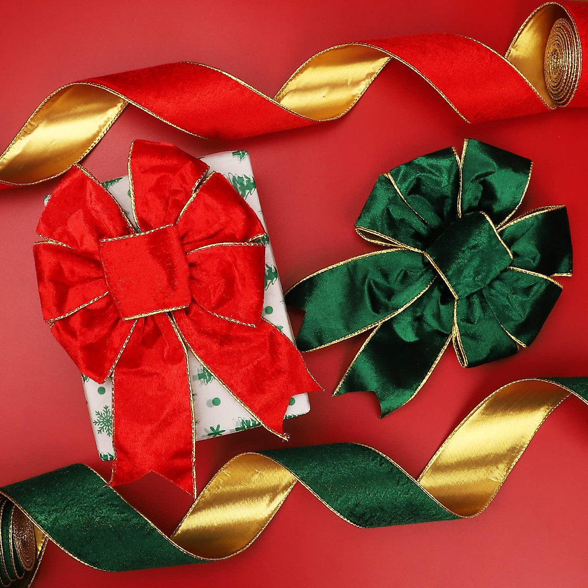 2 Rolls Christmas Ribbons, Red Green Christmas Velvet Ribbons Gold Trim, Velvet Wired Ribbons for Xmas Wrapping DIY Crafts Winter Christmas Festival Decor