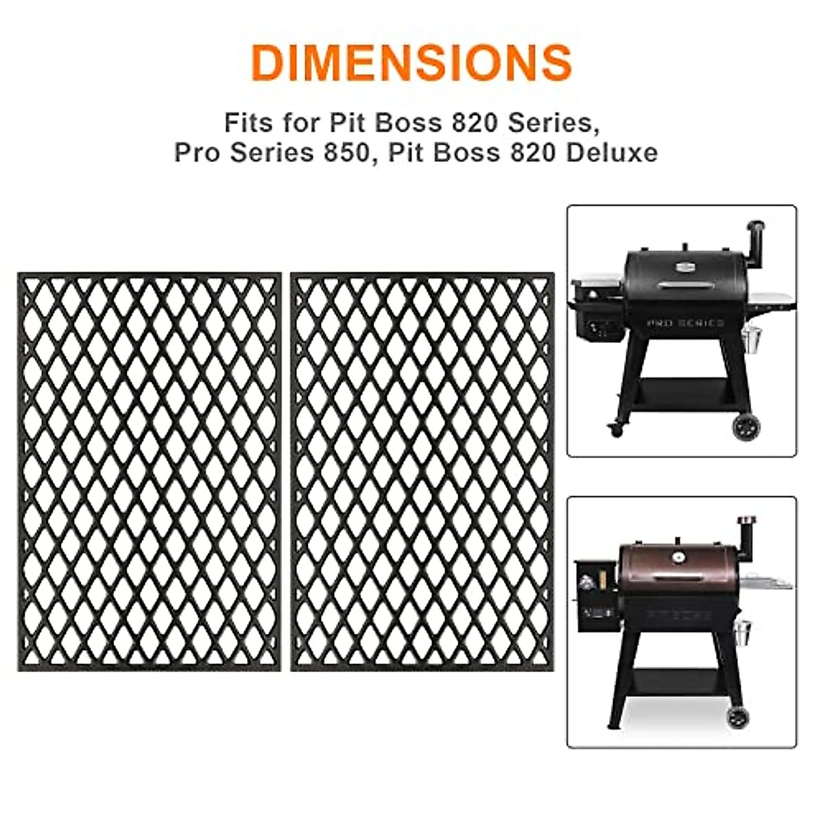 GRISUN Grill Grates for Pit Boss 820 Series, Pro Series 850 Wood Pellet Grills, Heavy Duty Cast Iron Grill Grids for Pit Boss 820 Deluxe Grill, 2 PCS