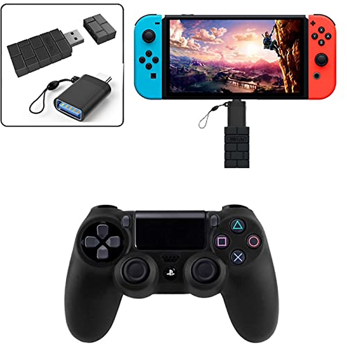 KenSera 8Bitdo Wireless Controller USB Adapter 2 Gamepad Receiver Mini USB Switch Converter Compatible with Switch/Switch OLED, Mac, Raspberry Pi, Playstation, PS5, PC Windows, with Black OTG Adapter