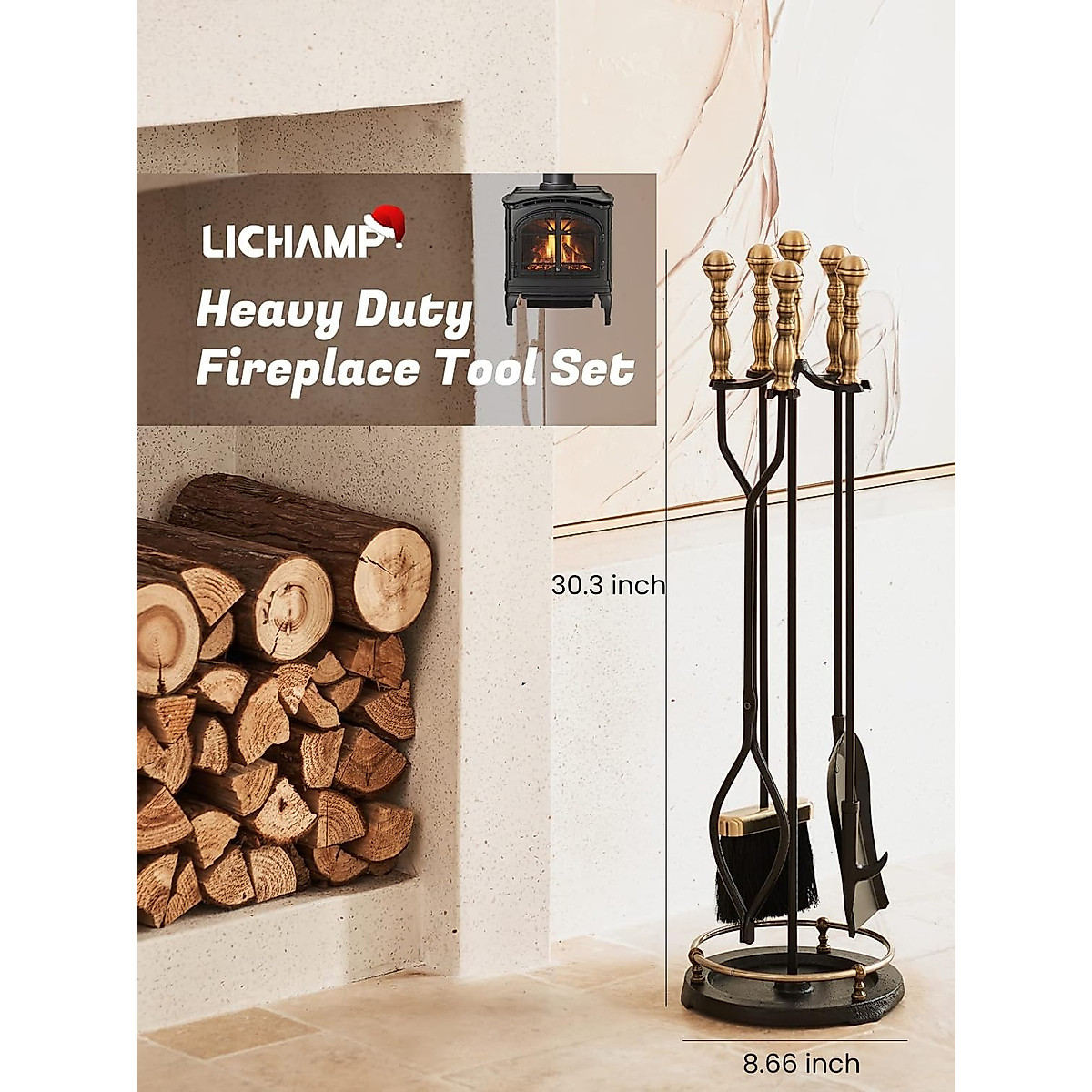 Lichamp Fireplace Tools Set, 5-Pieces Indoor Outdoor Sturdy Fire Place Poker Sets with Retro Gold Handle, FTS45GD