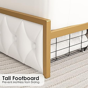 HITHOS Queen Bed Frame, Storage Headboard with Charging Station, Button Tufted Platform Bed with 2 Drawers, Upholstered Bed with 51.6" Tall Headboard, Gold Metal Frame, No Box Spring Needed, White