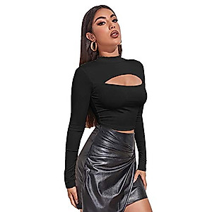 SheIn Women's Long Sleeve T Shirt Front Cut Out Basic Knit Mock Neck Crop Top Black Small