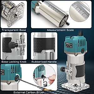 TwoWin Router Tool, 110V 800W Compact Wood Router Tool for Woodworking, Electric Hand Trimmer 1/4" Collets Palm Wood Router Tools Laminate Trimmer + Tungsten Carbide Router Bits 15-Piece Set