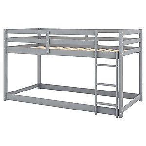 MWrouqfur Twin Over Twin Bunk Bed with Ladder & Safety Guardrails,Solid Pinewood Bedframe,Low Floor BunkBed for Boys and Girls Bedroom,Space Saving,No Box Spring Needed (Gray)