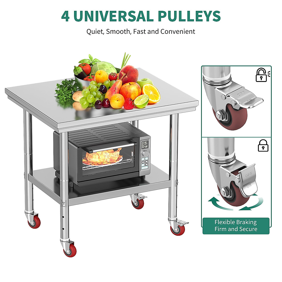 YITAHOME NSF Stainless Steel Table, 30" X 24" Work Table with Wheels, 2 Shelves Metal Table Prep Table for Home Kitchen Restaurant Garage Warehouse Outdoor