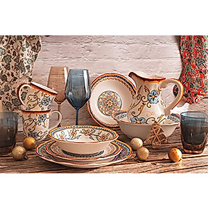 Euro Ceramica Duomo Collection Pasta Bowl Set of 4, Italian Floral Design, Multicolor, gold and cream, 34 fluid ounces