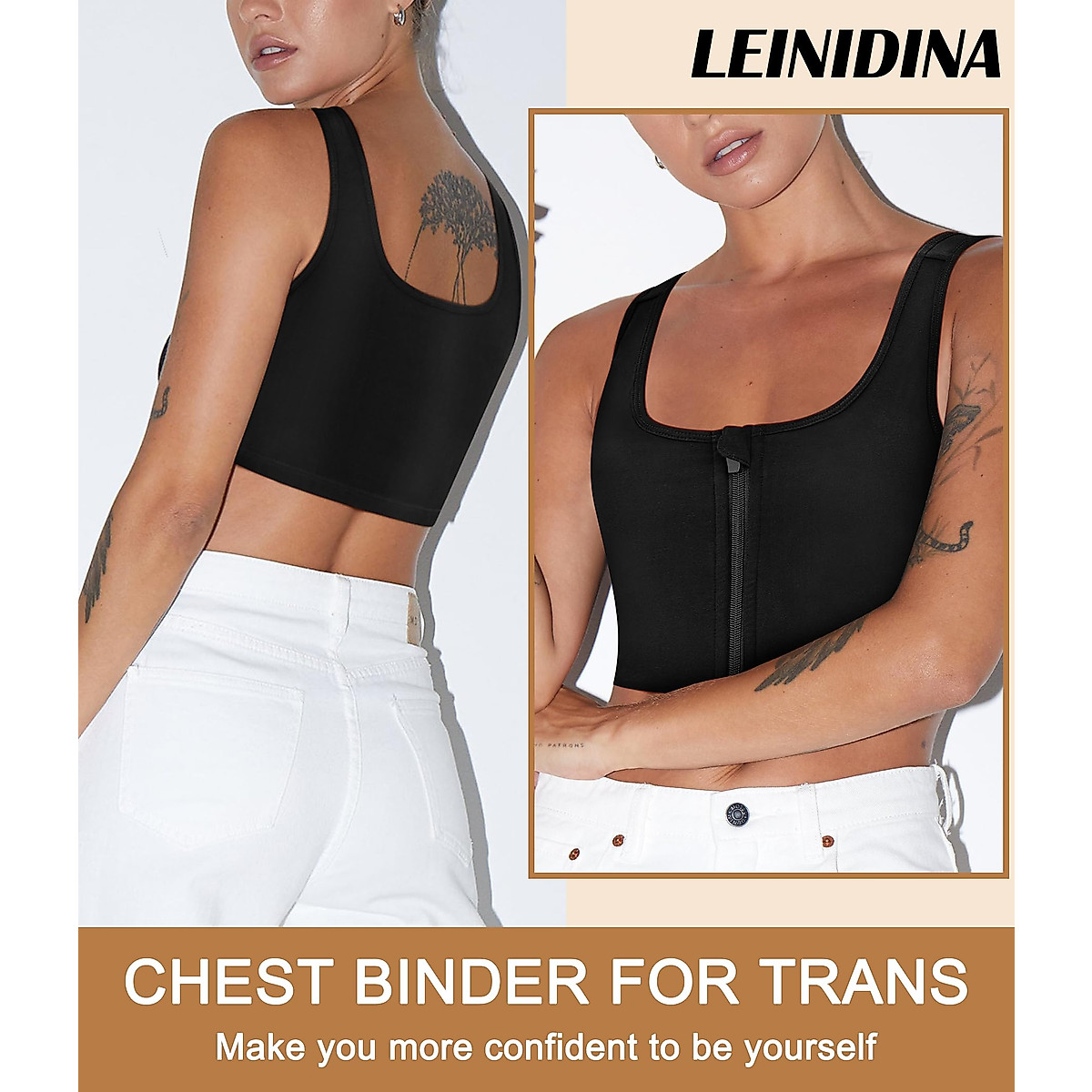 LEINIDINA Chest Binder Tomboy Transgender FTM Square Collar with Front Zipper Binder Bra Tank Top