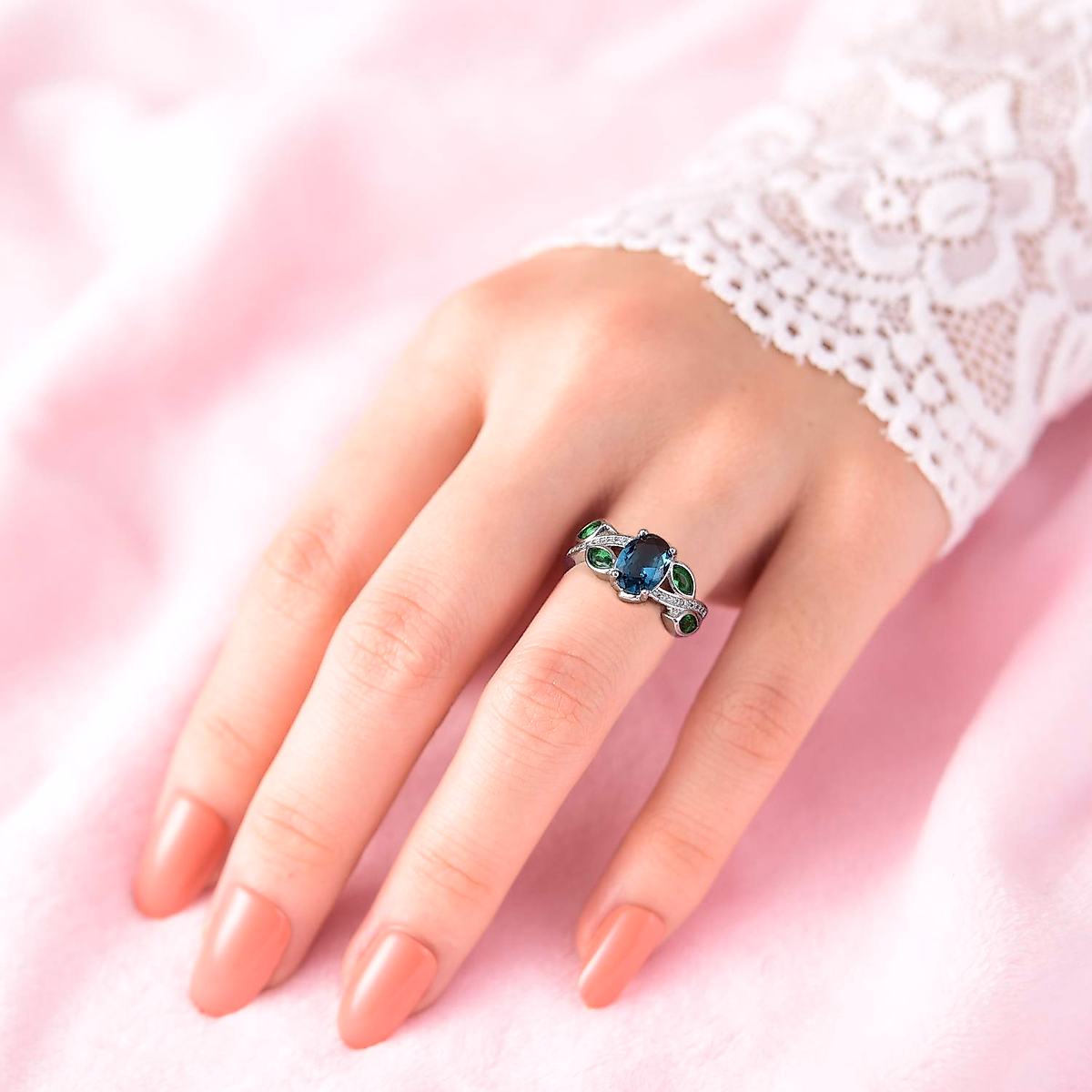 MADEONE 18K White Gold Plating Excellent Cut CZ Stone Rainbow Gemstone Topaz & Emerald Ring Wedding Engagement Ring for Women with Box Packing Size 6-10 (Peacock blue, 9)