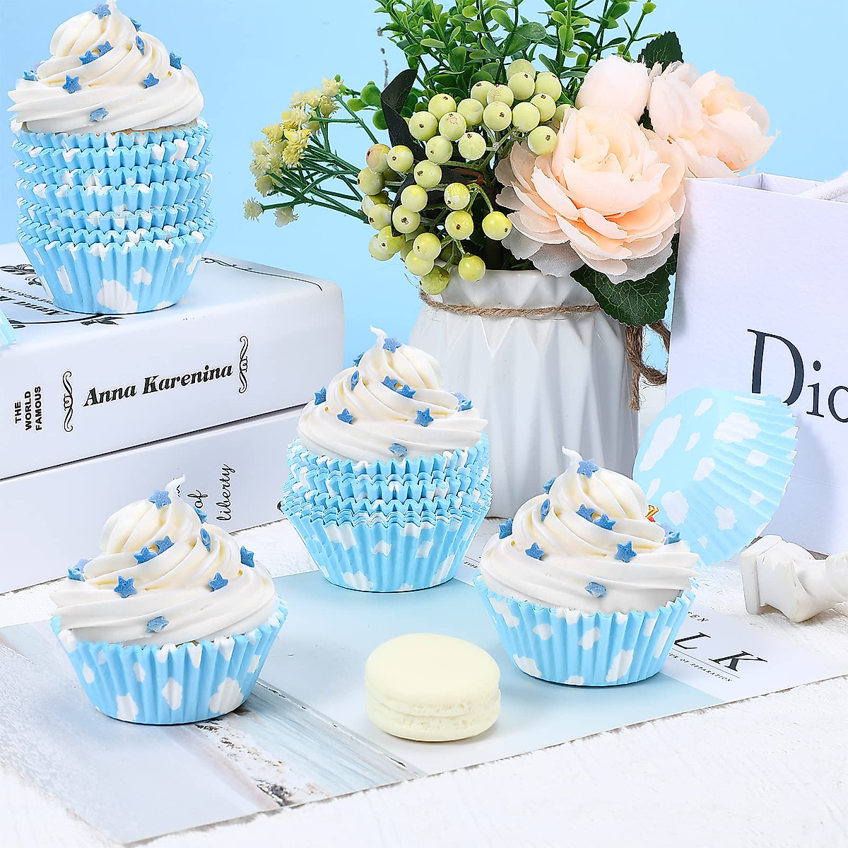 300 count Cloud Blue Cupcake Liners White Light Blue Cupcake Wrappers Paper Blue Muffin Cups Birthday Theme Party Baking Cups Baby Shower Decor Could Baking Wrapping and Packaging for Party Supplies