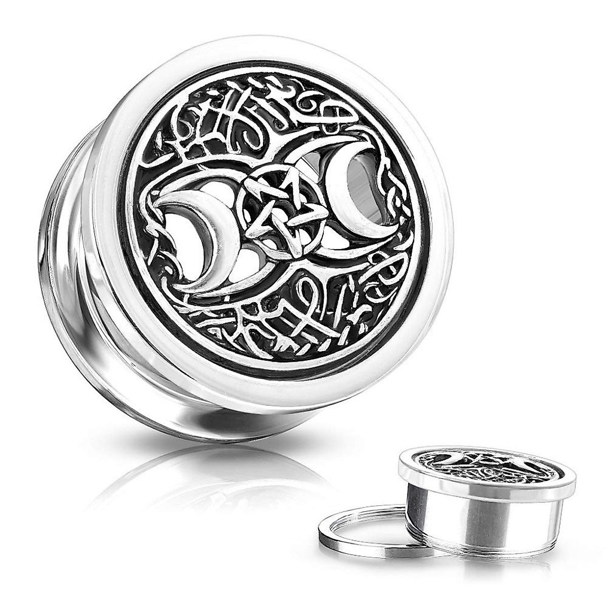 Pierced Owl Antique Silver Plated Stainless Steel Crescent Moons and Star Centered Screw Fit Plug Gauges, Sold As Pair (10mm (00GA))