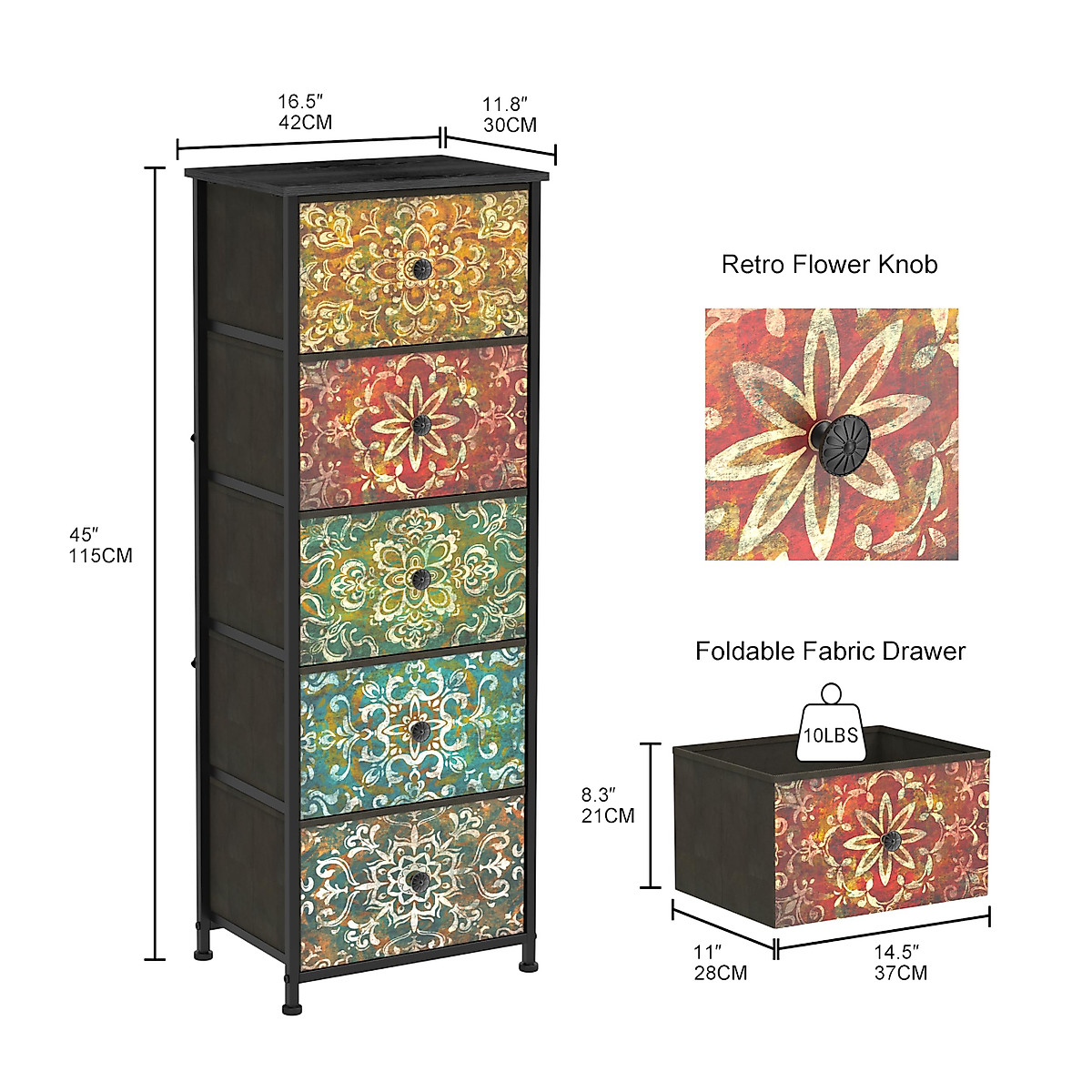 GiftGo Retro Dresser with Fabric Drawers Boho Mandala Flower Chest of Drawers Narrow Storage Tower for Small Spaces Gaps Bedroom Beautiful Nightstand Living Room Table (Mandala, 5 Drawers)