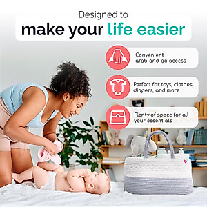 Babynma Rope Diaper Caddy - Storage for Baby and Toddler Items - Portable Cotton Organizer Easily Holds Diapers, Wipes, Clothing - Useful for Nursery, Bedroom (Gray, Extra Large)