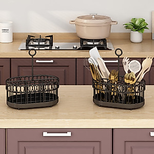 GILLAS Utensil Caddy, Cutlery Silverware Organizer For Forks, Spoons, Knives, Napkins And Desk Supplies, Storage Basket With 4 Compartments (Black)