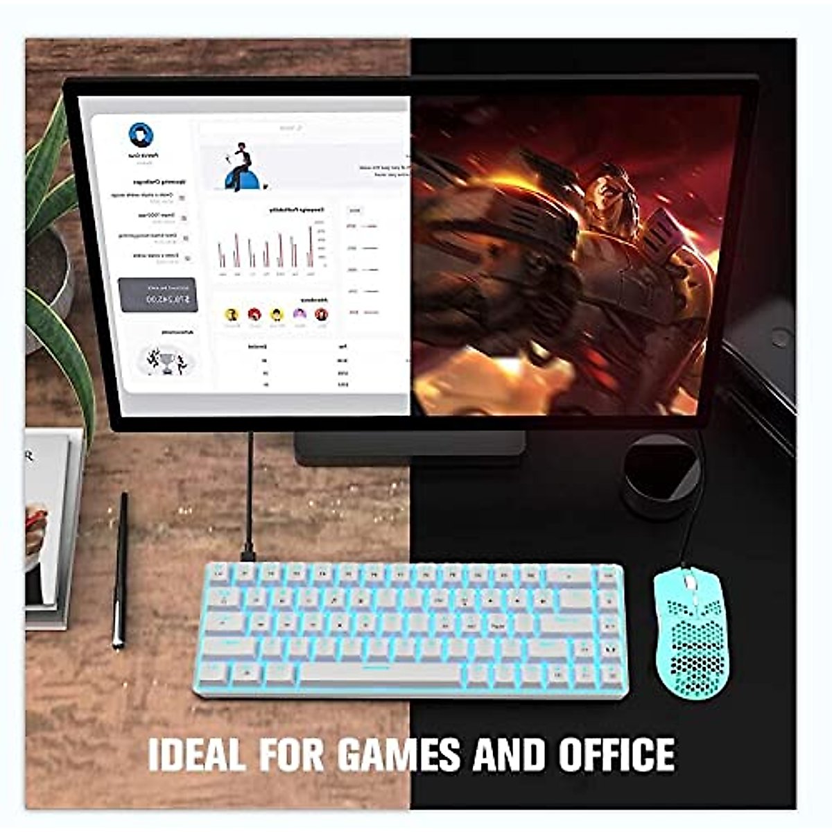 Keyboard and Mouse Gaming Set, 68 Keys Blue Switch 60% Mini Blue Backlit Mechanical Keyboard White, 6400DPI 7 Buttons Lightweight Programmable Mouse Green, USB Wired, Compatible with Windows Mac PS4