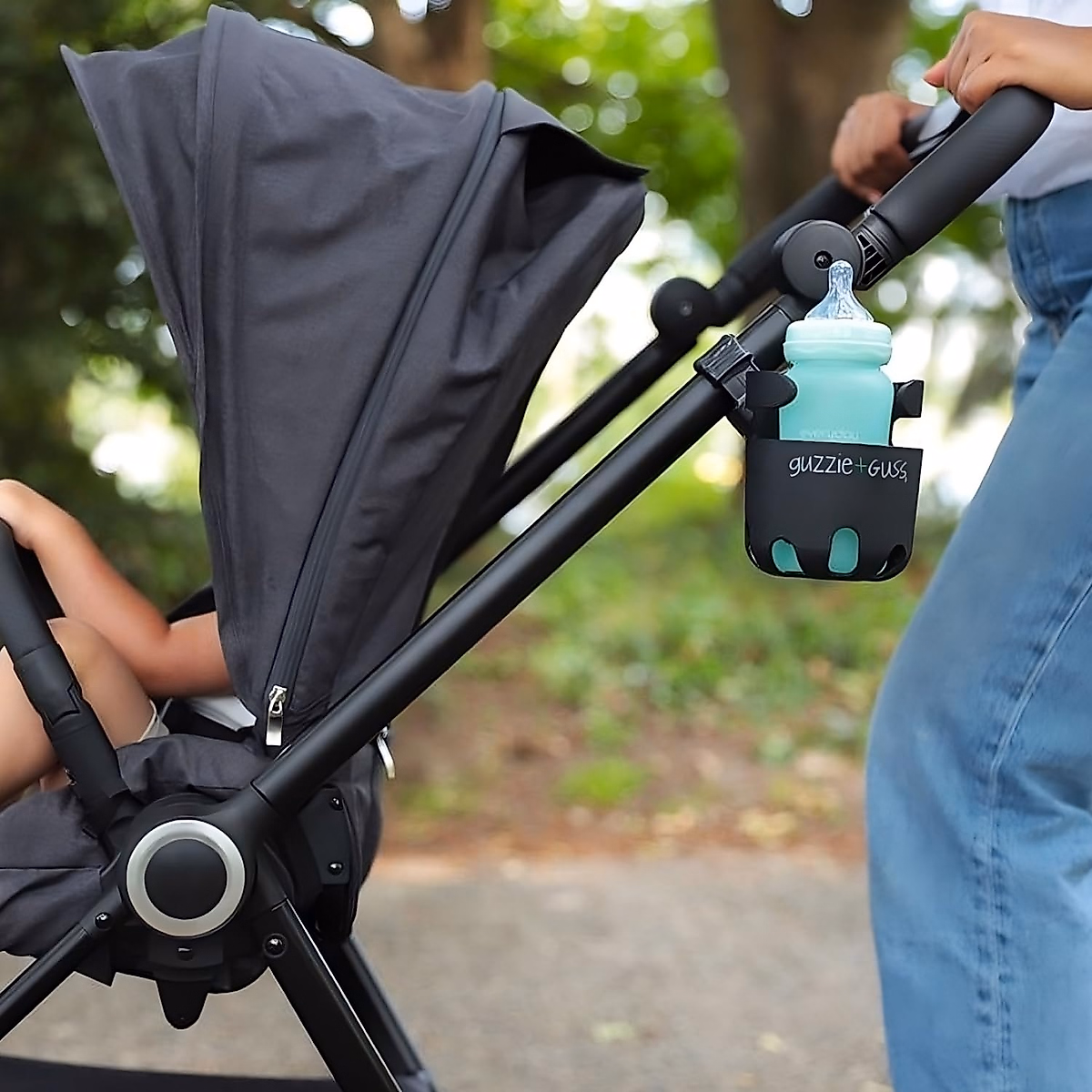 guzzie+Guss Universal Cup Holder for Strollers, Wheelchairs, Mobility Walkers, Bikes, Camping Chairs - Easy Installation - Anti-Slip Sleeve - Fits Wide Variety of Drink Containers - Black