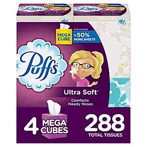 Ultra Soft Non-Lotion Facial Tissues, 4 Mega Cube Boxes (288 Total Tissues)