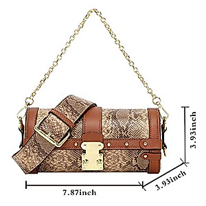 Qiayime Women Vintage Crossbody Shoulder Bag Ladies PU Leather Round Purse Handbag Satchel Snake Printed Chain Clutch (Brown)