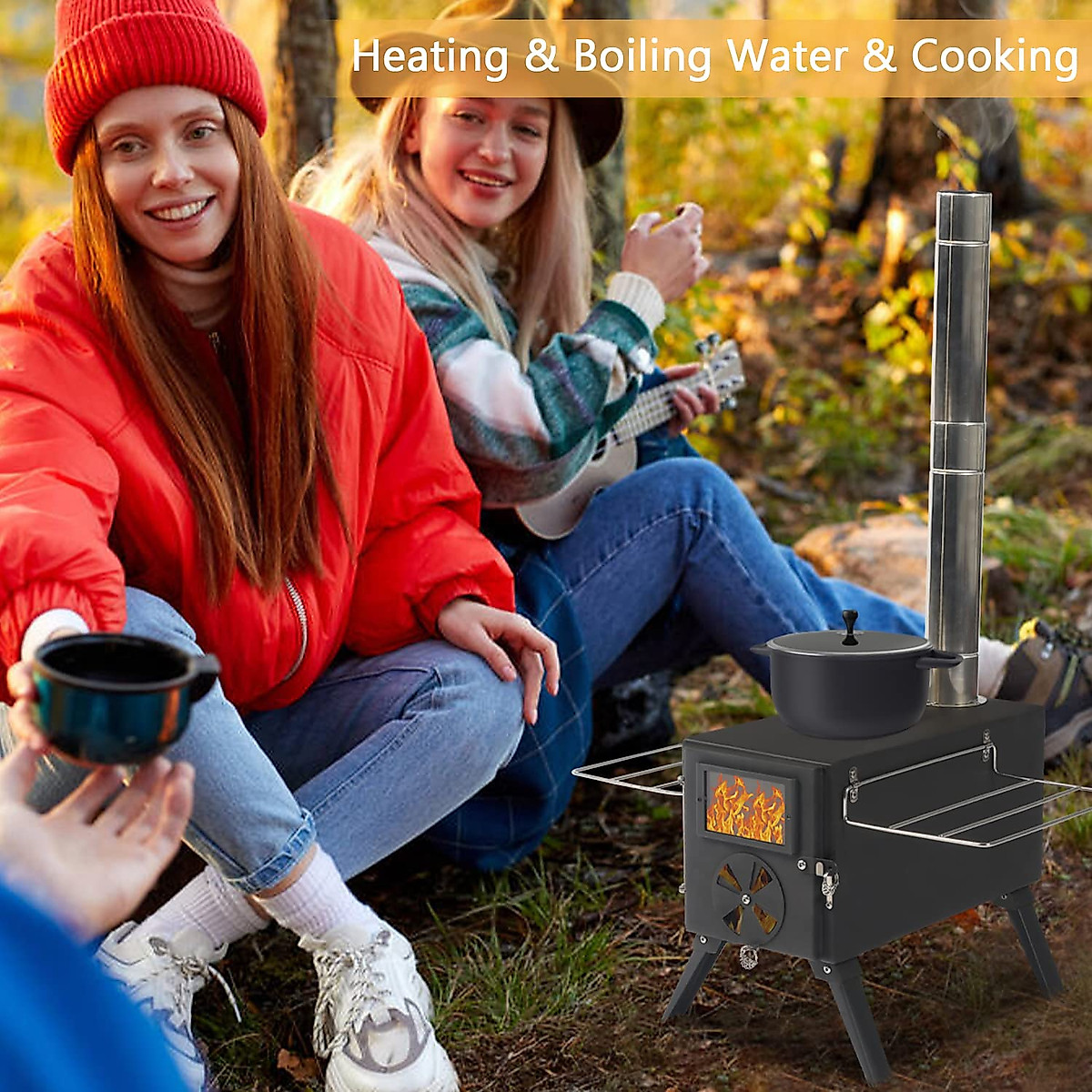 LYNSLIM Camping Stove for Tent, Portable Wood Burning Stove, Wood Stove with 7 Pipes, Hot Tent Stove for Outdoor Cooking Hiking