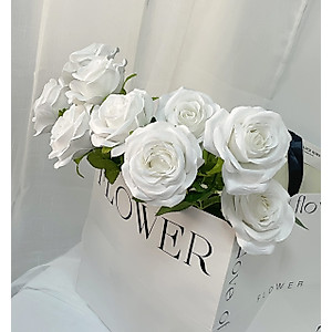 DSforG 25PCS White Flowers Silk Rose Artificial Flowers Real Touch Fake Rose w/Stem Faux Flowers Gift Box for Weddings Parties Floral Arrangements Arrangements Party Tables Decorations